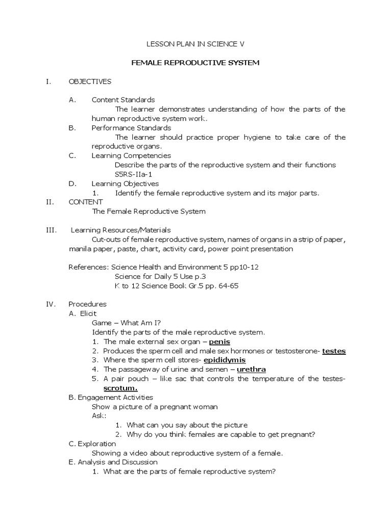 Grade 5 Female Reproductive System Plan | PDF | Reproductive System ...