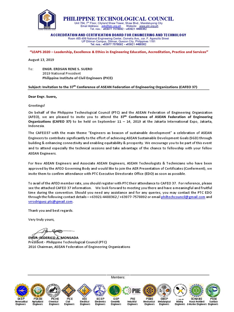 CAFEO37 Invitation Letter Philippine Institute of Civil Engineers | PDF ...
