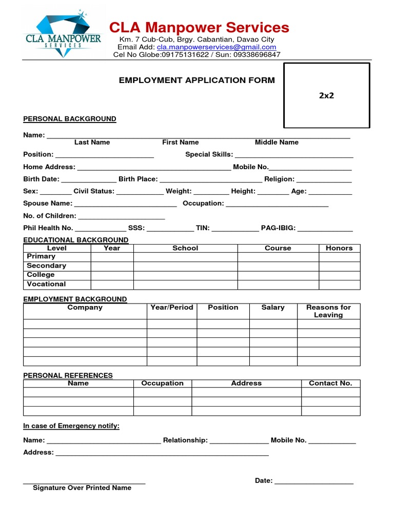 CLA Manpower Services: Employment Application Form | PDF