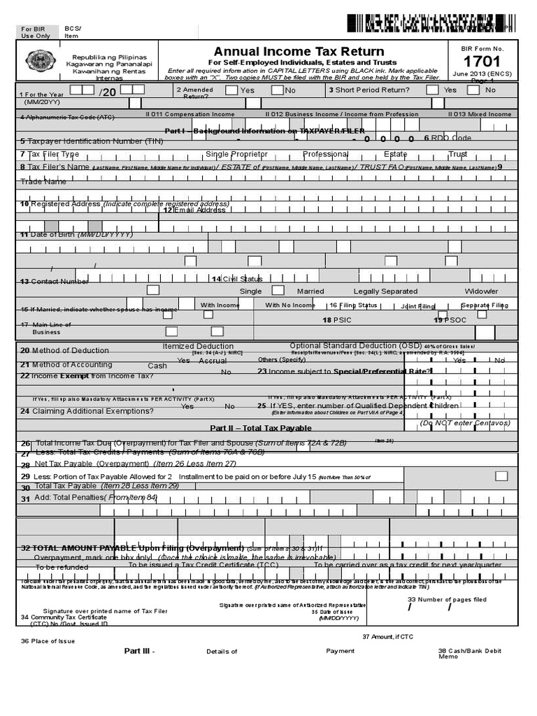 BIR Form 1701 for Self-Employed Taxpayers | PDF | Tax Deduction ...