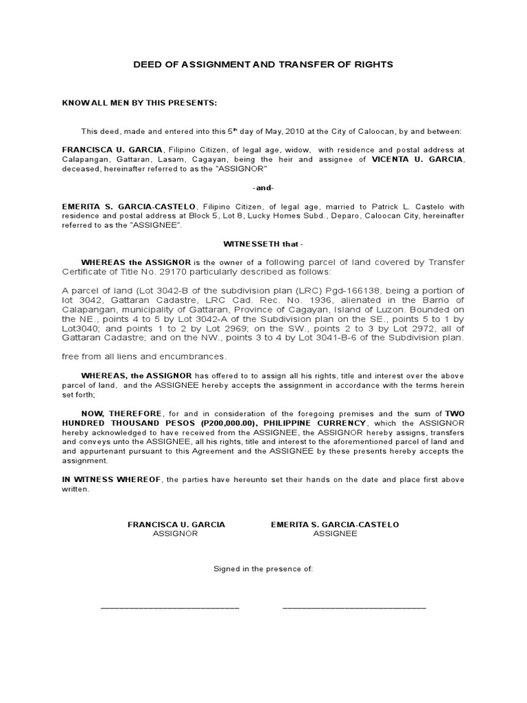 Deed of Assignment | PDF | Assignment (Law) | Civil Law (Common Law)