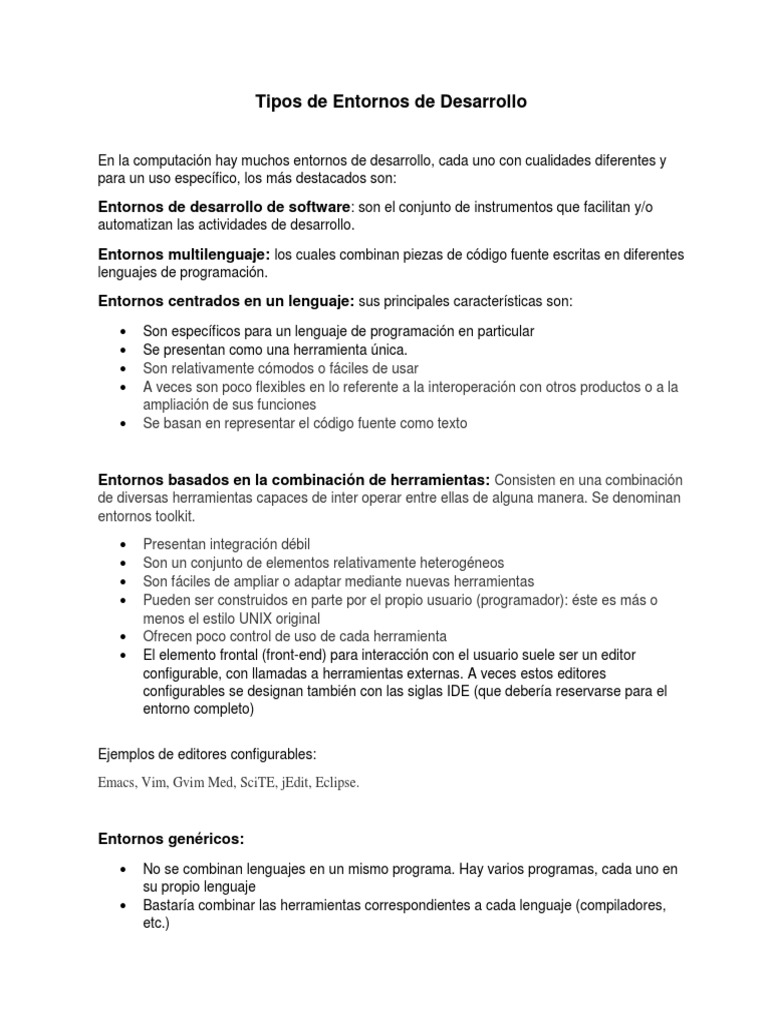 Tipos de Entornos de Desarrollo | PDF | Programación orientada a ...