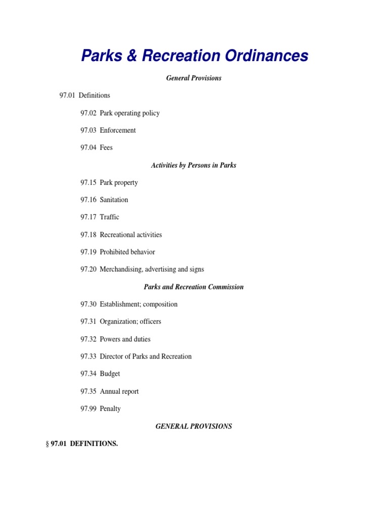 Parks & Recreation Ordinances: General Provisions | Download Free PDF ...