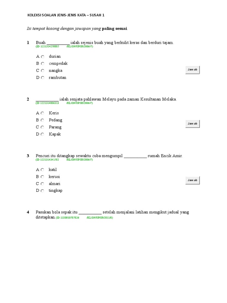 Koleksi Soalan Jenis-Jenis Kata - Susah 1 | PDF