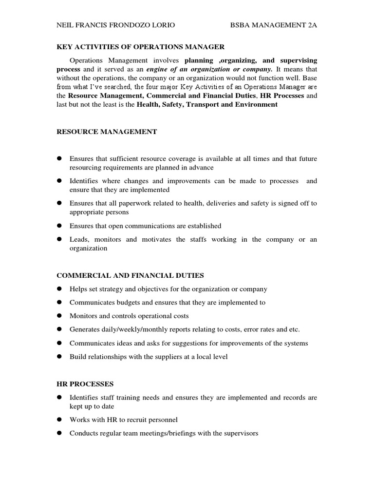 Key Activities of Operations Manager | PDF | Goods | Operations Management