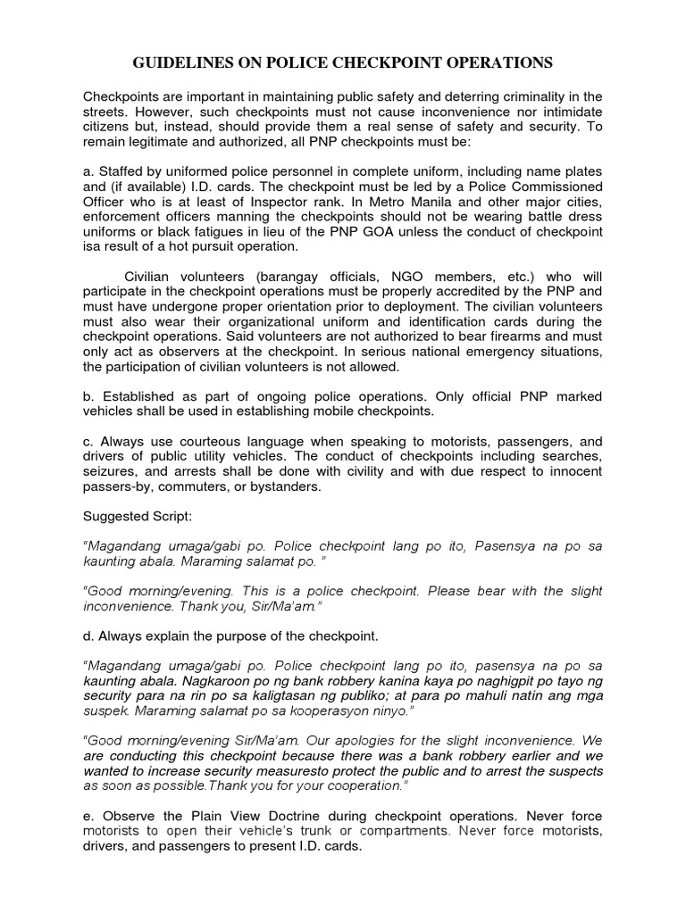 Guidelines On Police Checkpoint Operations | PDF | Search Warrant | Police