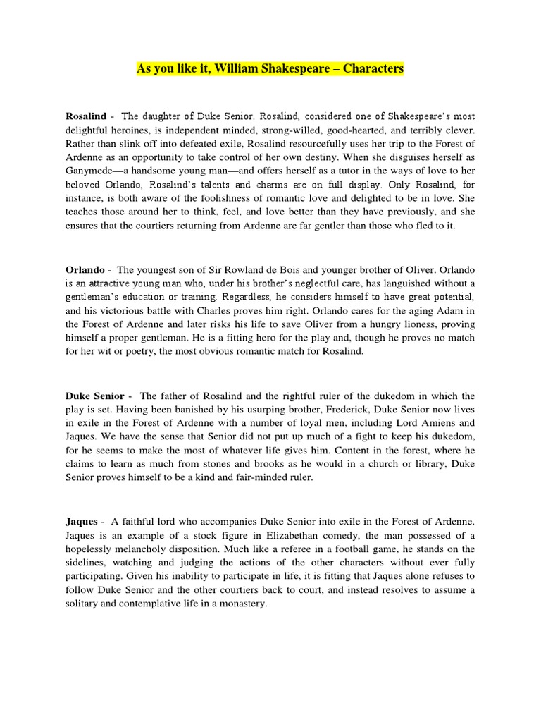 As You Like It - Characters | PDF | Theatre Characters | Literary ...