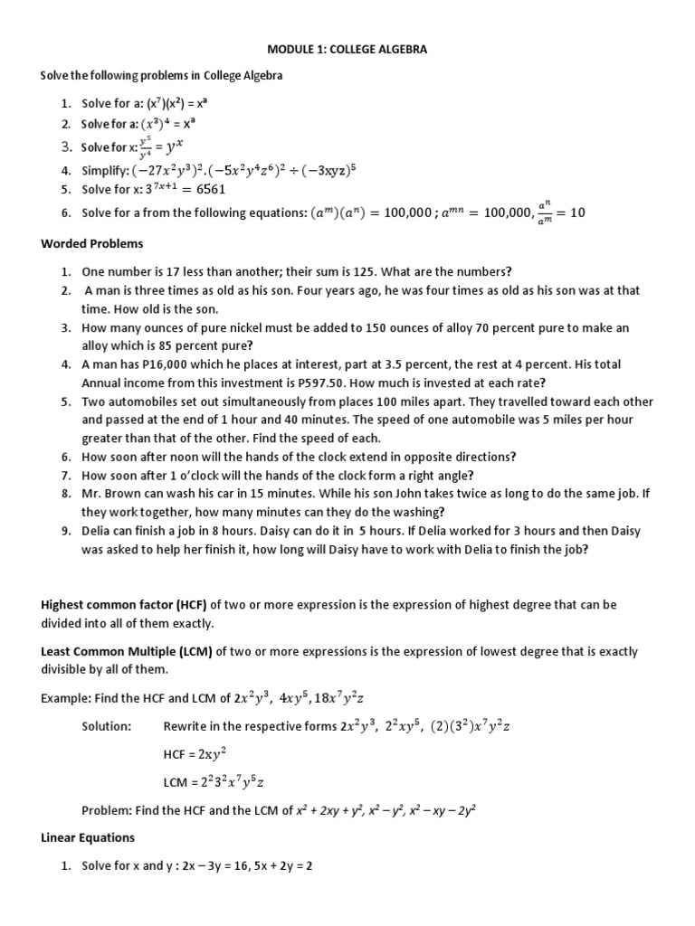 Worded Problems: Solve The Following Problems in College Algebra | PDF ...