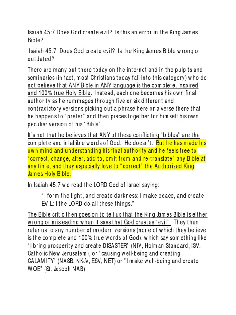 Who Created Evil? | PDF | Bible Translations Into English | Versions Of ...