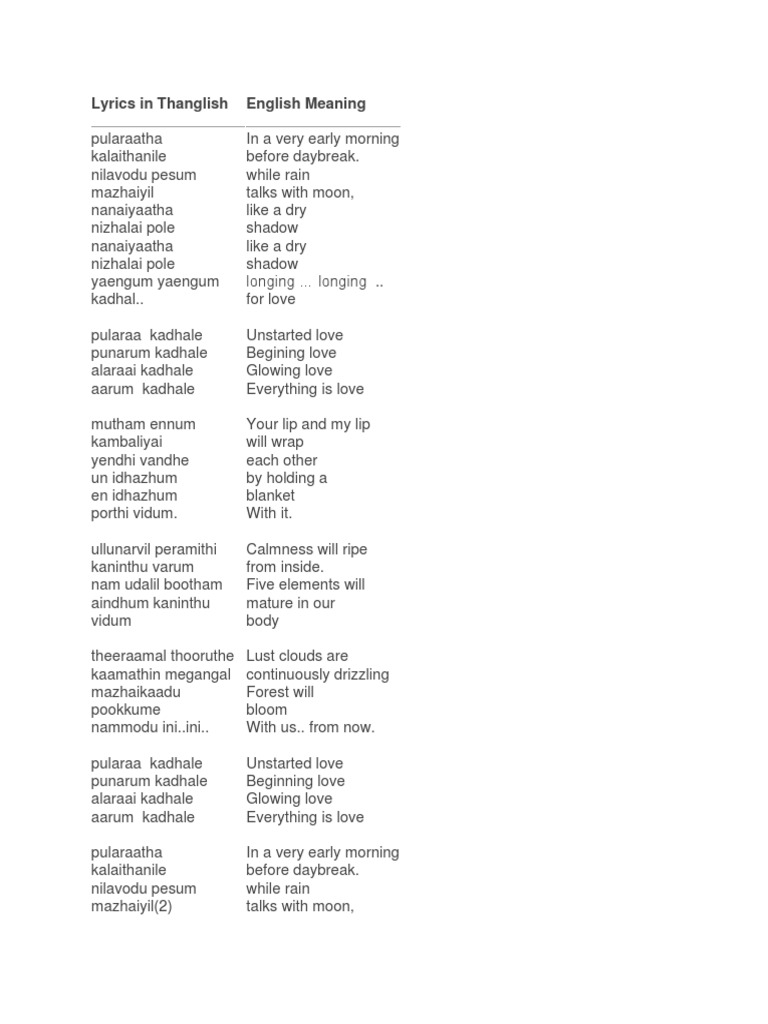 Lyrics in Thanglish English Meaning | PDF