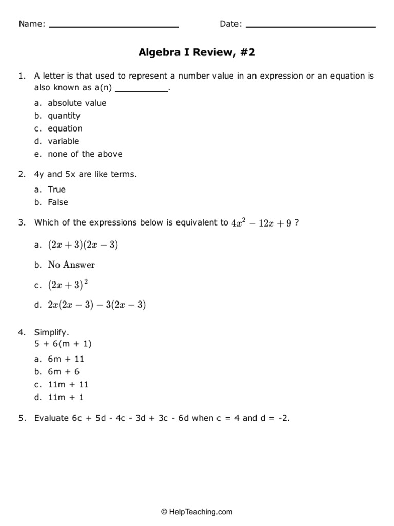 Algebra I Review, #2 | PDF | Polynomial | Equations