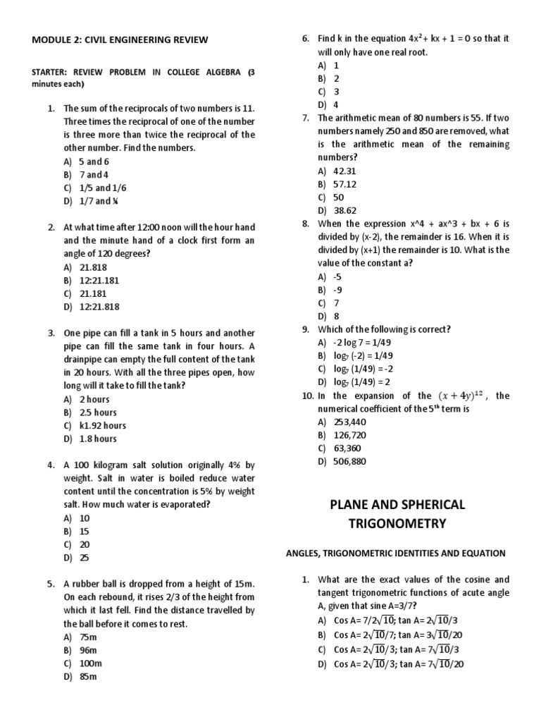 CIVIL ENGINEERING MODULE 2: REVIEW OF COLLEGE ALGEBRA AND TRIGONOMETRY ...