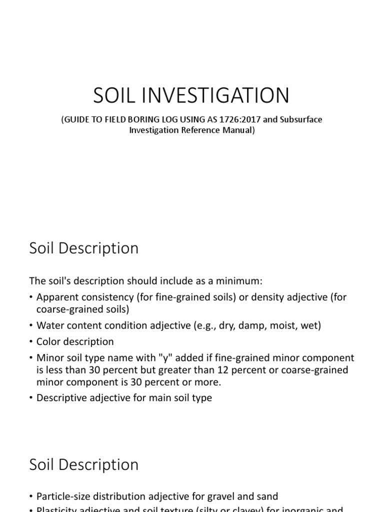 Soil Investigation: (GUIDE TO FIELD BORING LOG USING AS 1726:2017 and ...