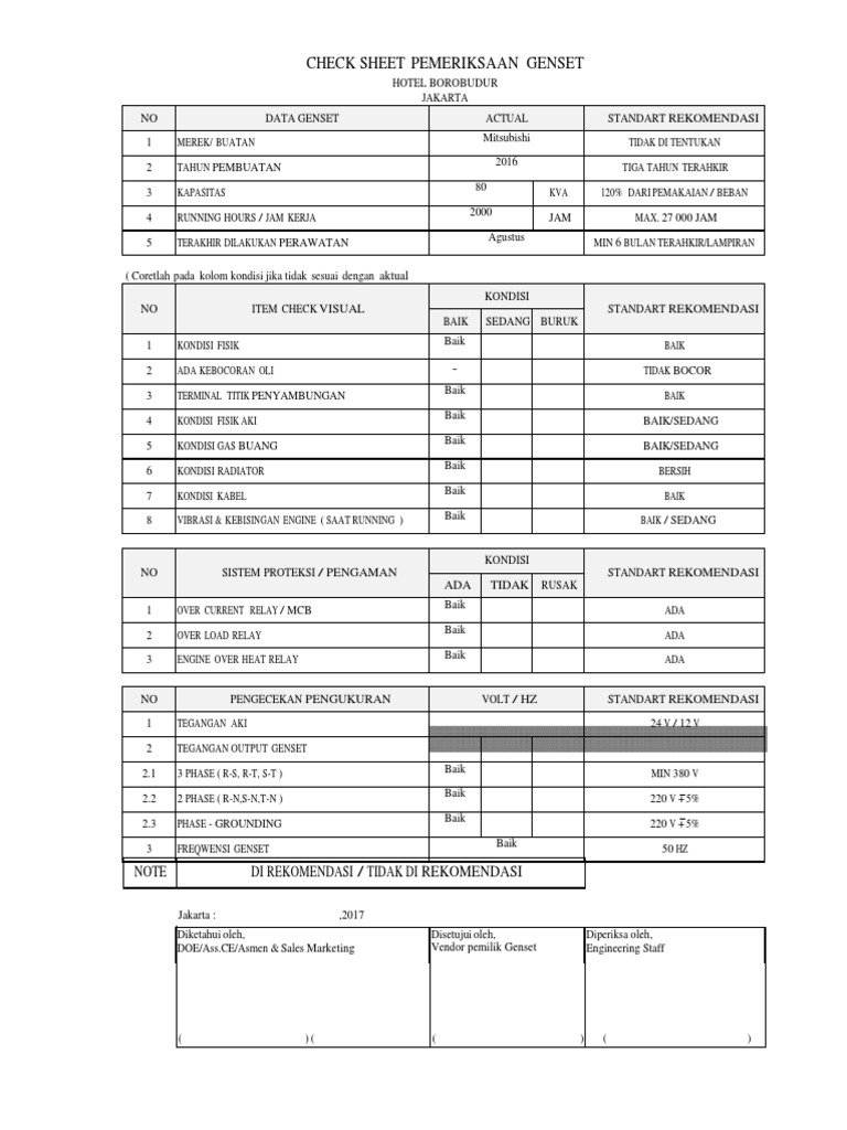Check Sheet Genset Vendor | PDF