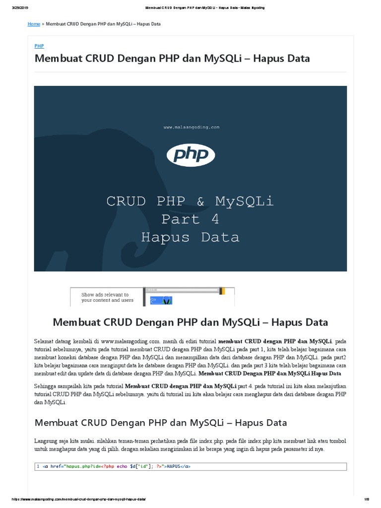 Membuat CRUD Dengan PHP Dan MySQLi - Hapus Data - Malas Ngoding 4 | PDF