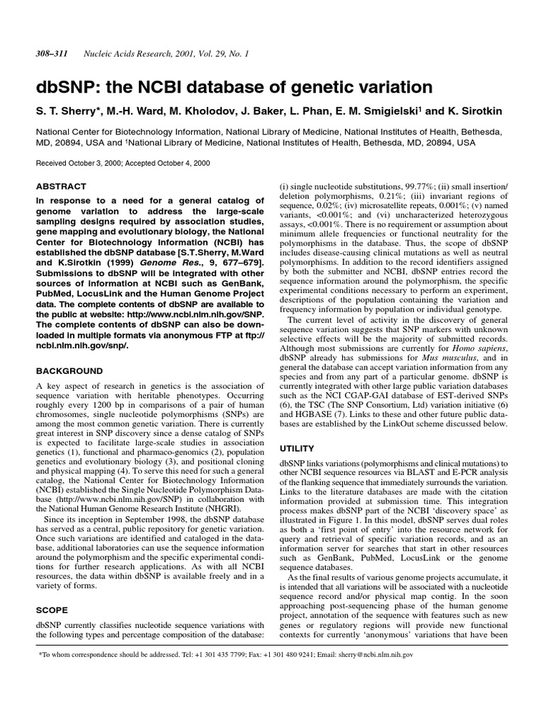 DBSNP: The Ncbi Database of Genetic Variation | PDF | National Center ...