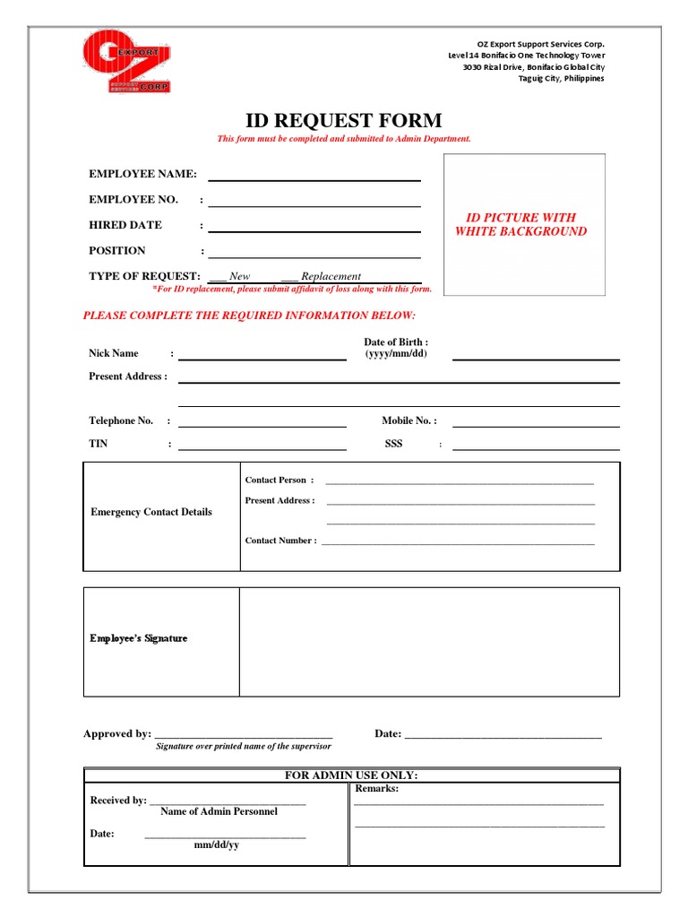 Id Request Form: Employee Name: Employee No.: Hired Date: Position ...