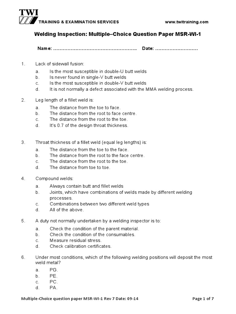 Welding Inspection: Multiple-Choice Question Paper MSR-WI-1: Name ...