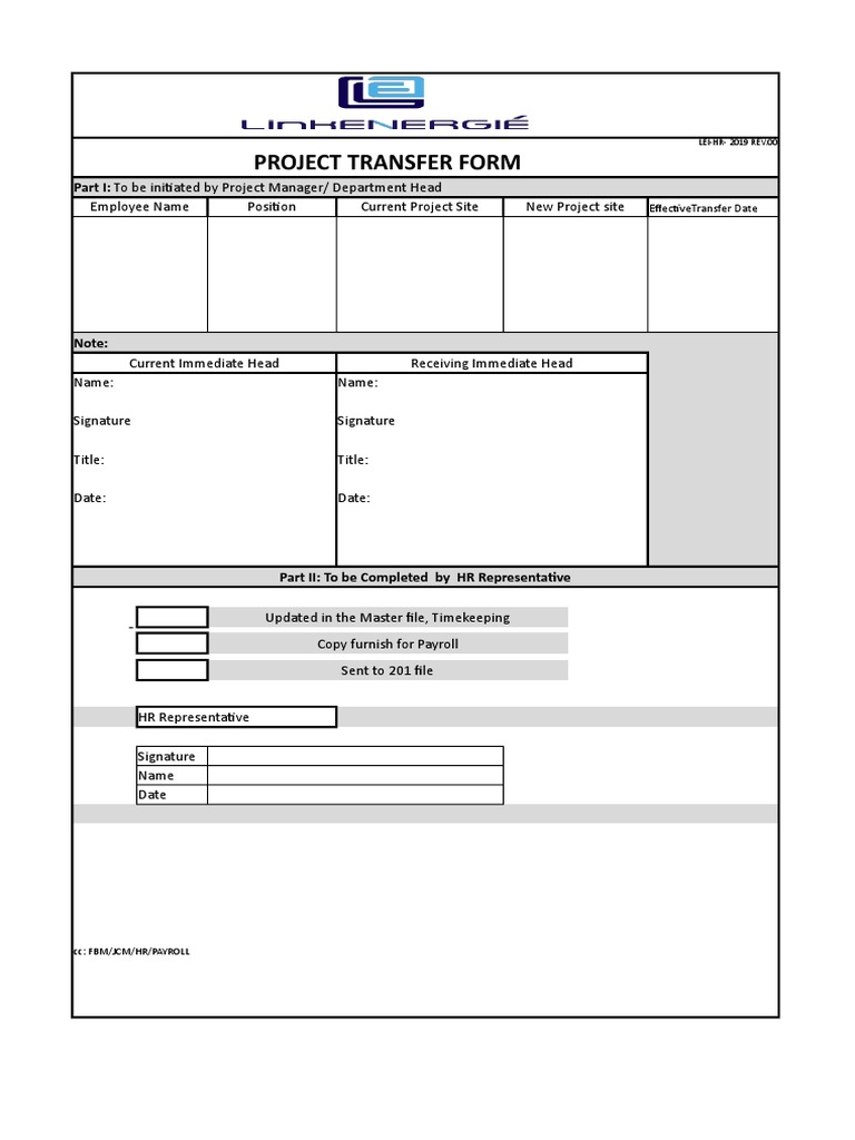 Project Transfer Form: Part I: To Be Initiated by Project Manager ...