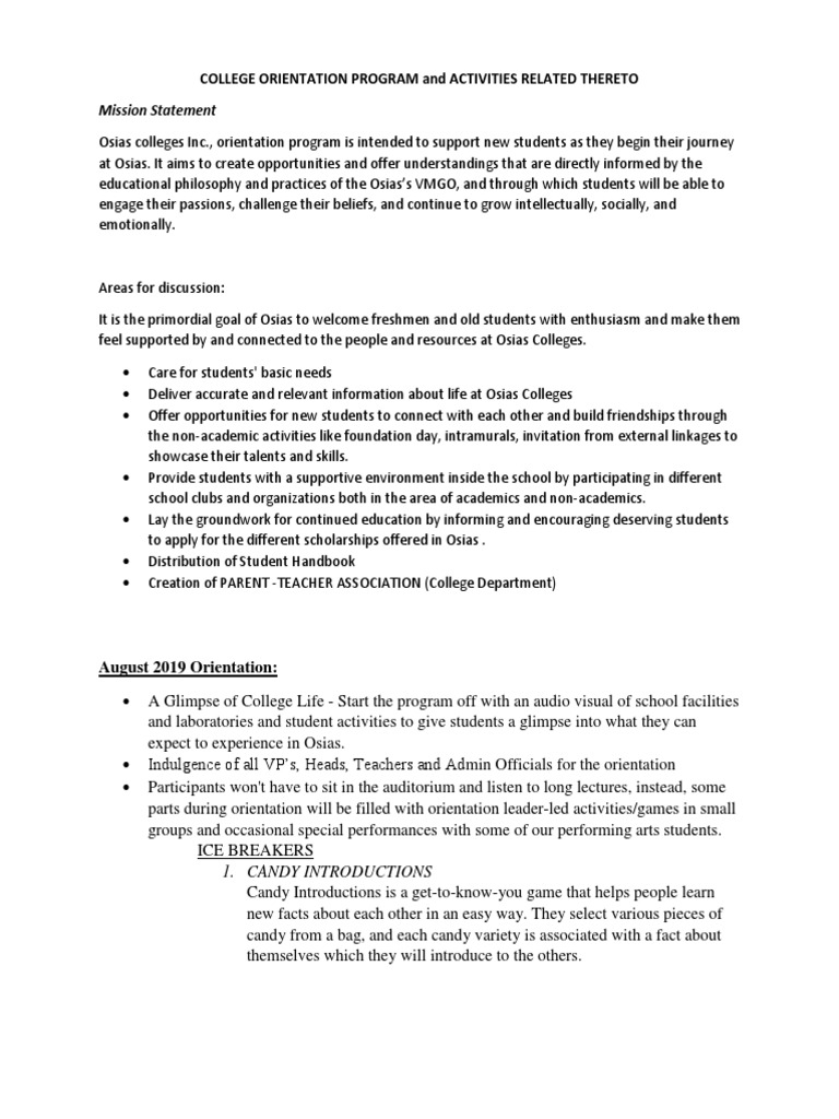Mission Statement: College Orientation Program and Activities Related ...