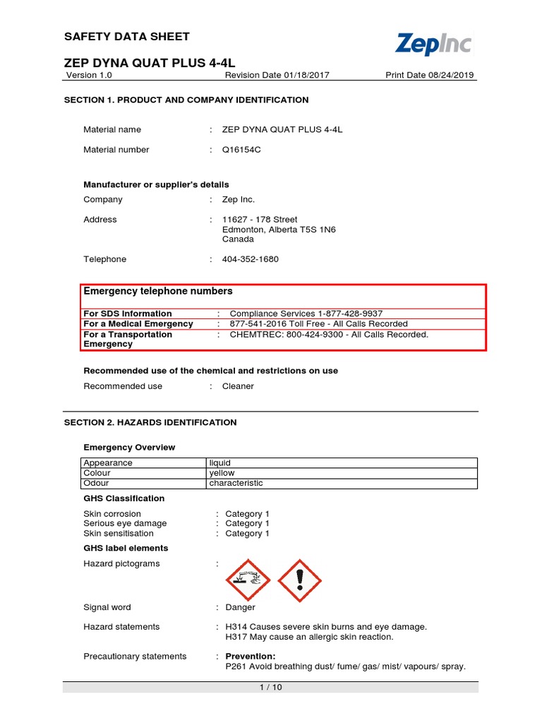 Zep Dyna Quat Plus 4-4L: Safety Data Sheet | PDF | Dangerous Goods | Toxicity