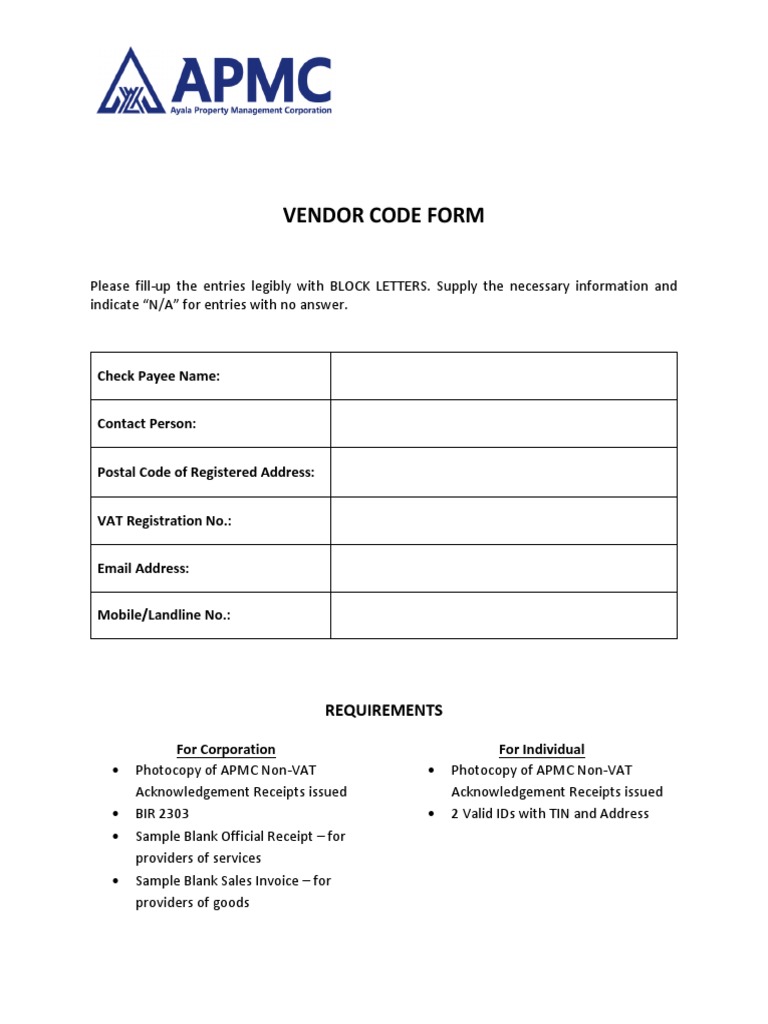 Vendor Code Form: Check Payee Name | PDF