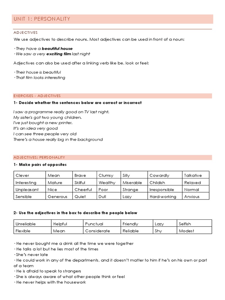 B1 - Vocabulary Unit 1 - Adjectives | PDF | Adjective | Linguistic Typology