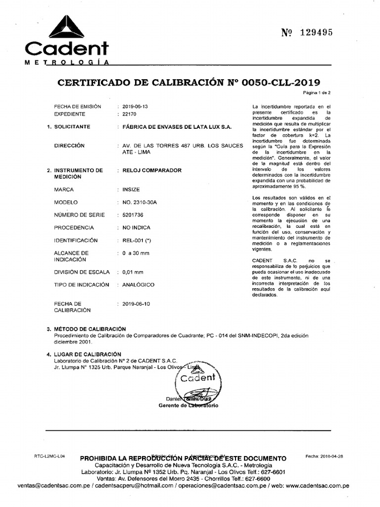 Rel-001 Certificado de Calibracion Reloj Comparador | PDF | Naturaleza