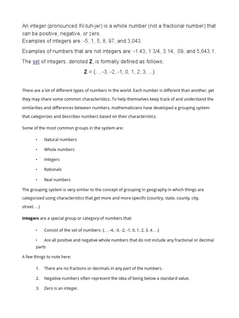 Integers Are A Special Group or Category of Numbers That | PDF