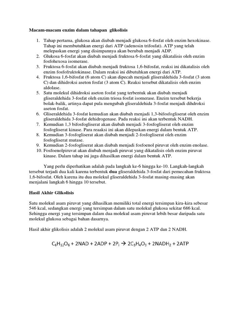 Macam-Macam Enzim Yang Berperan Dalam Setiap Tahapan Glikolisis | PDF