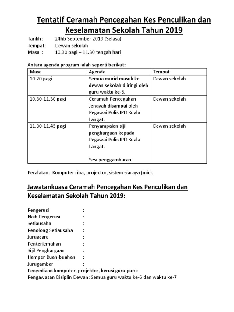 Tentatif Ceramah Pencegahan Kes Penculikan 2019 | PDF