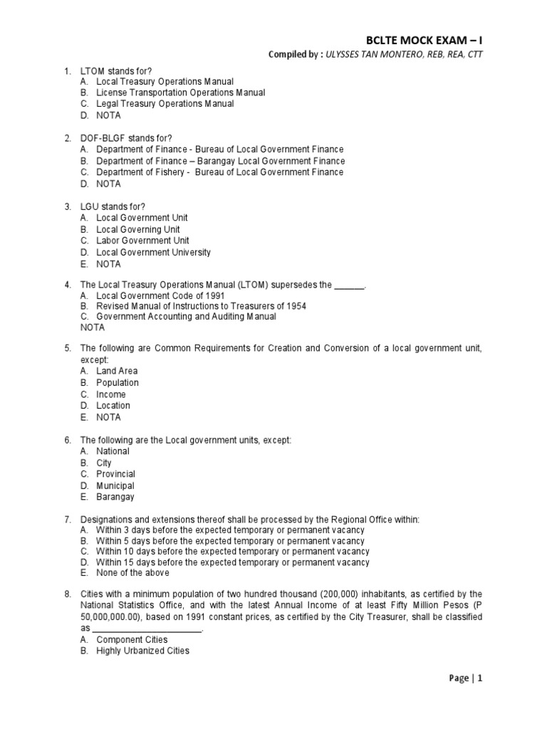 BLCTE - MOCK EXAM I Updated With Answer Key PDF | PDF | Property Tax ...