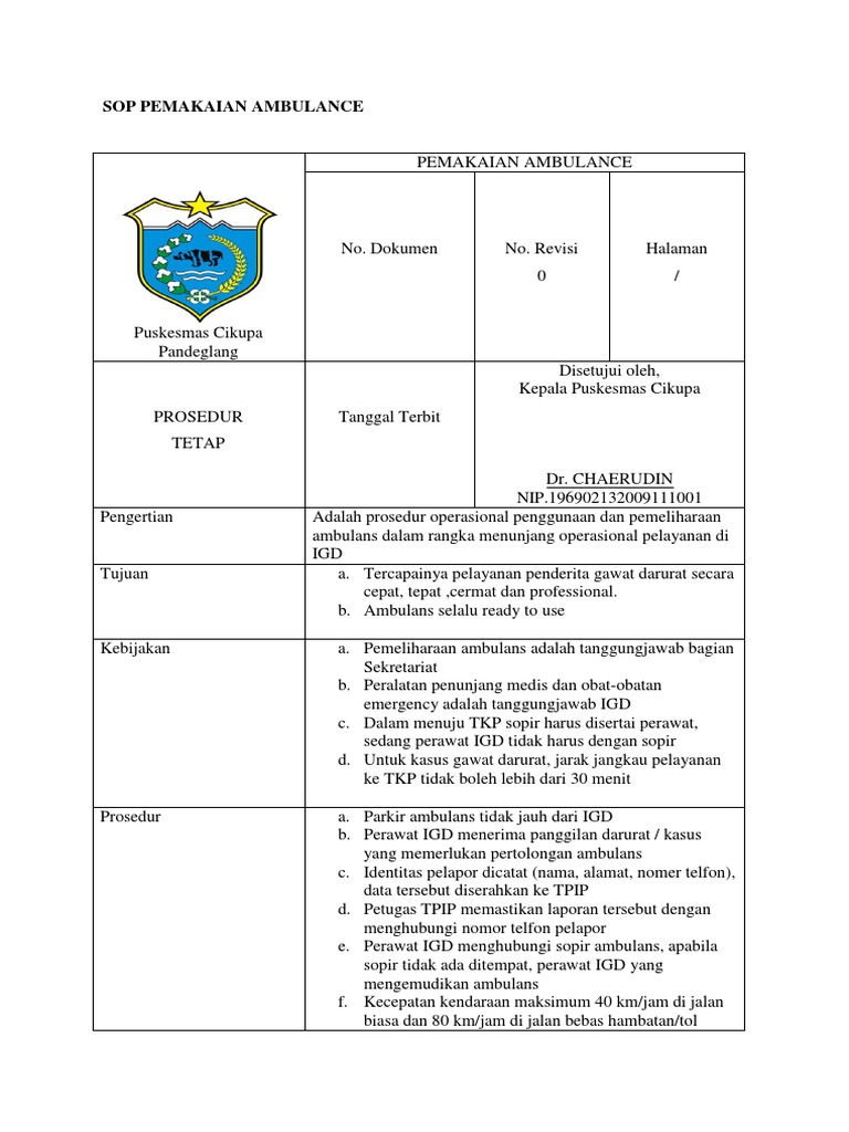 Sop Pemakaian Ambulance | PDF