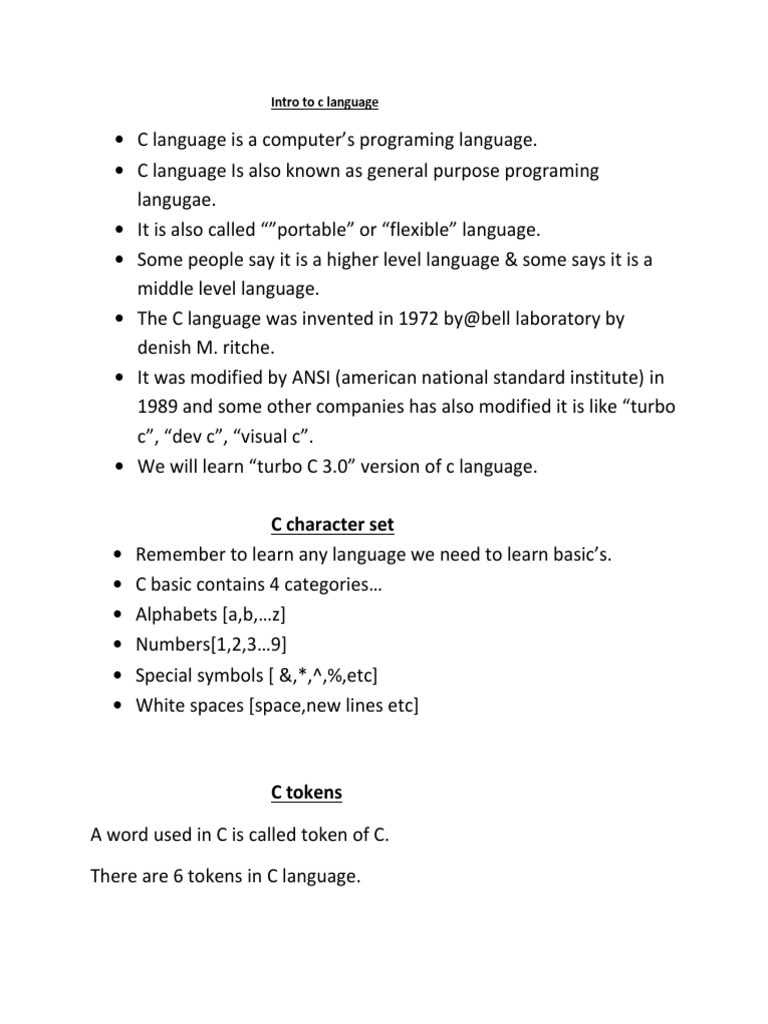 Intro To C Language | PDF | C (Programming Language) | Encodings