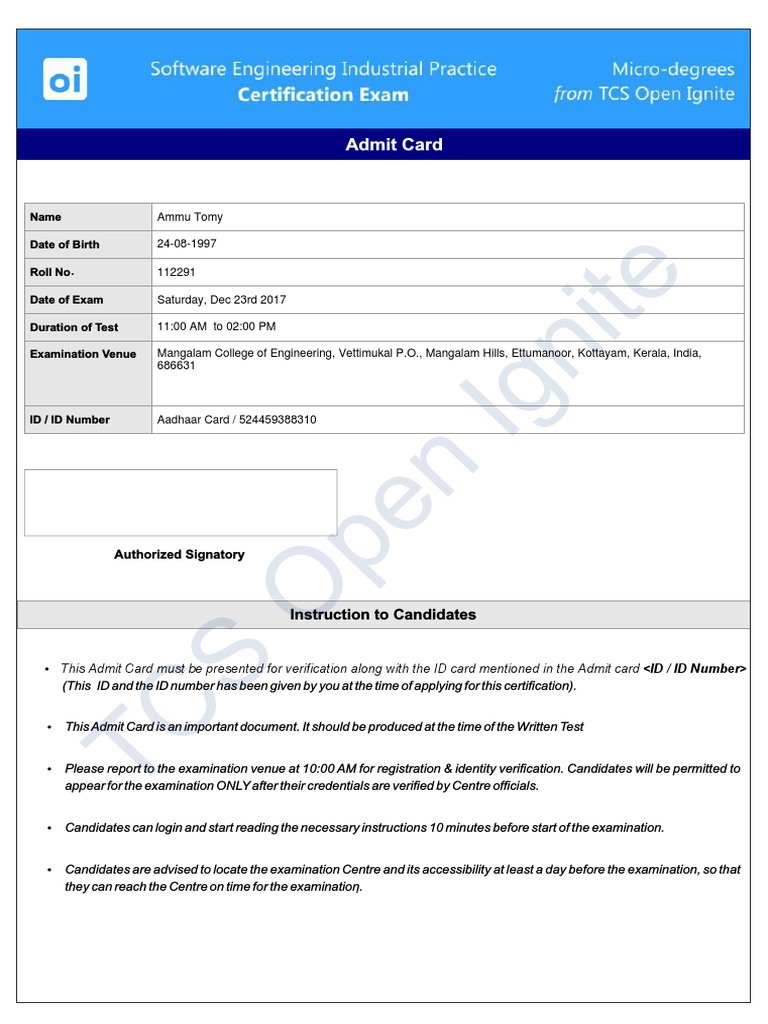 TCS Open Ignite: Admit Card | PDF