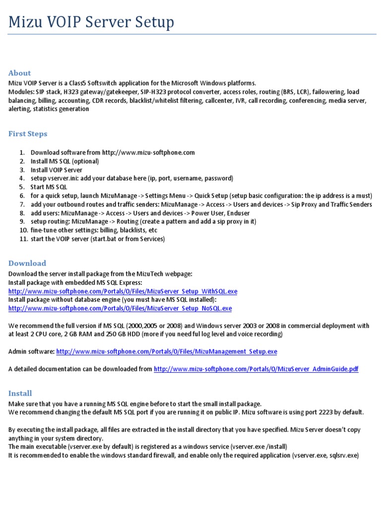 Mizu VOIP Server Installation Guide | PDF | Backup | Microsoft Sql Server
