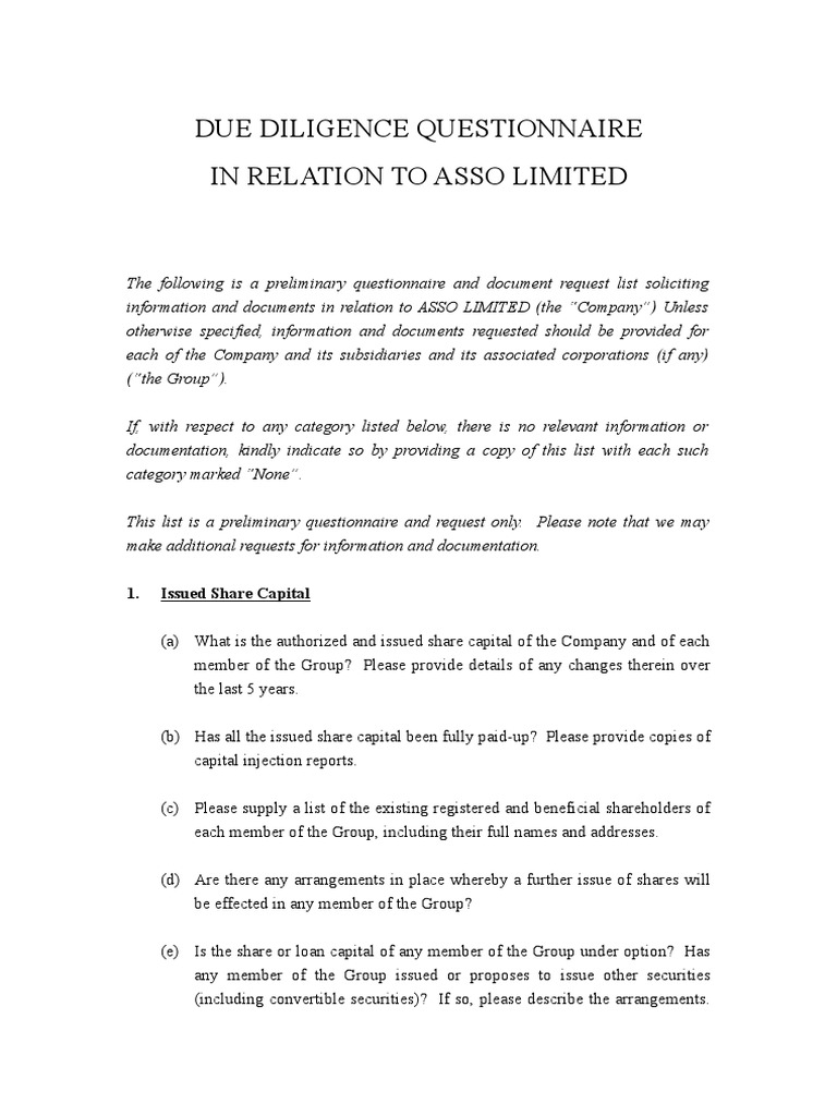 Standard Due Diligence Questionnaire | PDF | License | Taxes