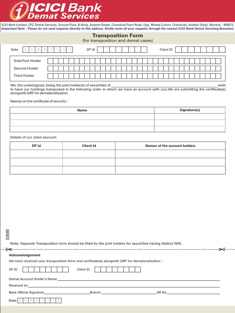 Transposition Form: (For Transposition and Demat Cases) | PDF