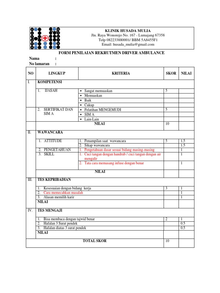 Form Penilaian Rekrutmen Driver Ambulance-1 | PDF