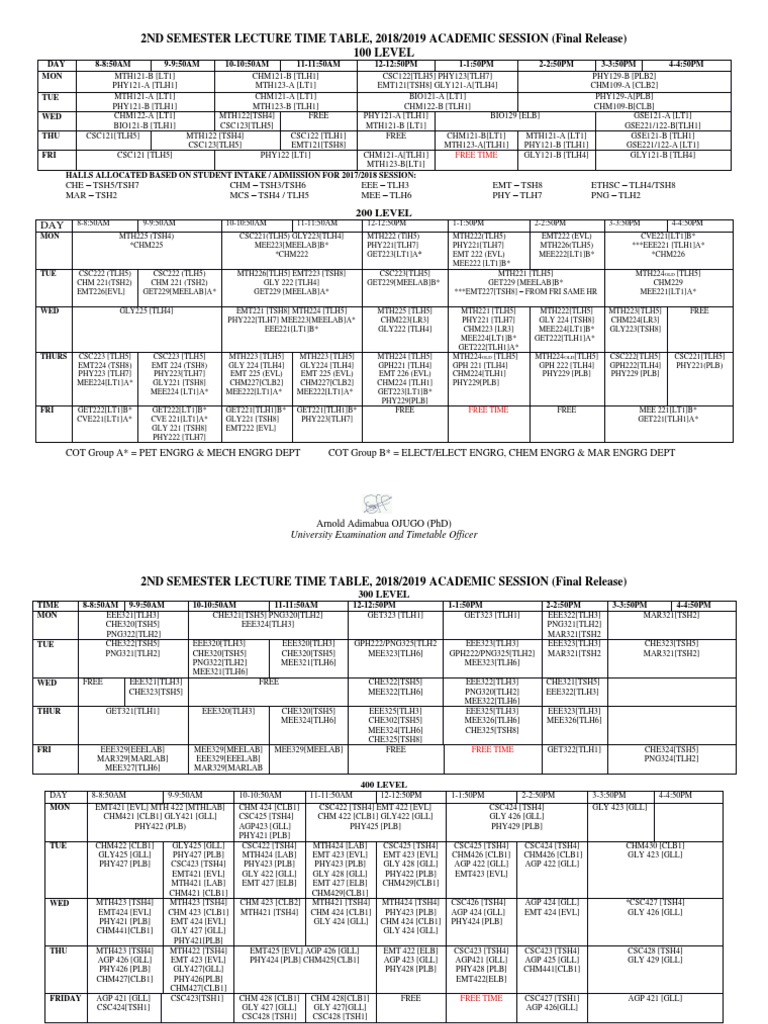 2Nd Semester Lecture Time Table, 2018/2019 Academic Session (Final ...