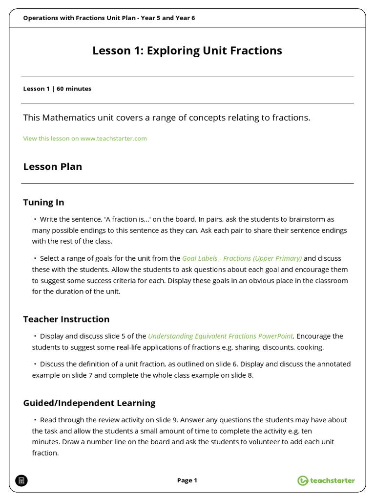 TeachStarter Lesson 1 Exploring Unit Fractions | PDF | Lesson Plan ...