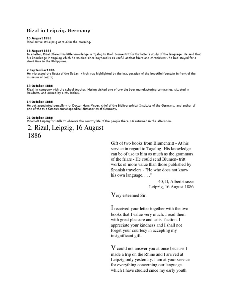 Rizal, Leipzig, 16 August 1886 | PDF | Tagalog Language | Philippines