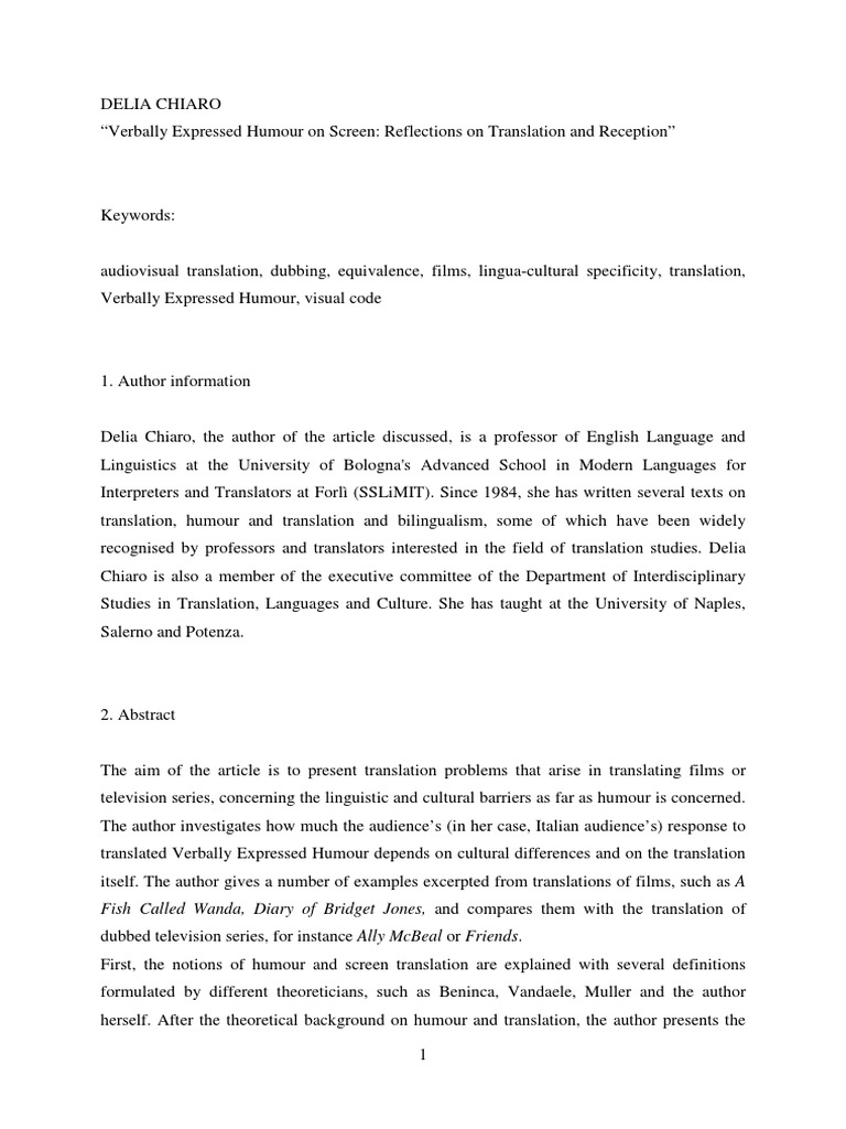 "Verbally Expressed Humour On Screen: Reflections On Translation and ...