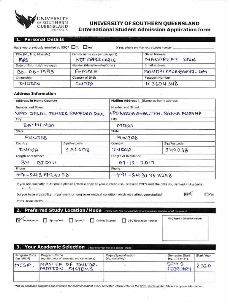 Manpreet Kaur USQ Application Form | PDF | Learning | Behavior Modification