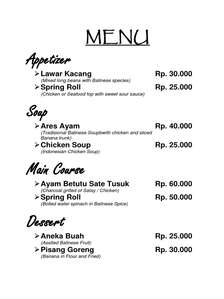 Appetizer Soup Main Course Dessert: Lawar Kacang Spring Roll | PDF