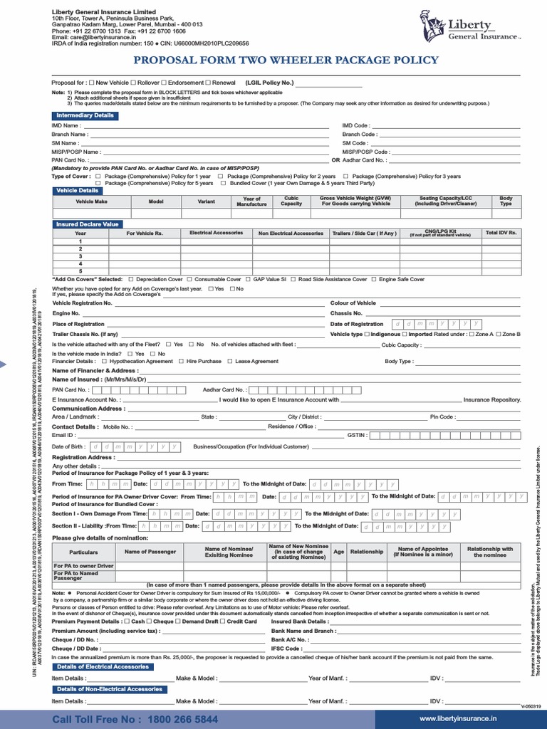 Two Wheeler Package Policy Proposal Form PDF | PDF | Insurance Policy ...