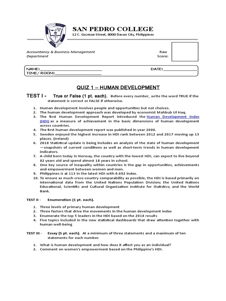 Human Development Quiz | PDF | Human Development Index | Economies