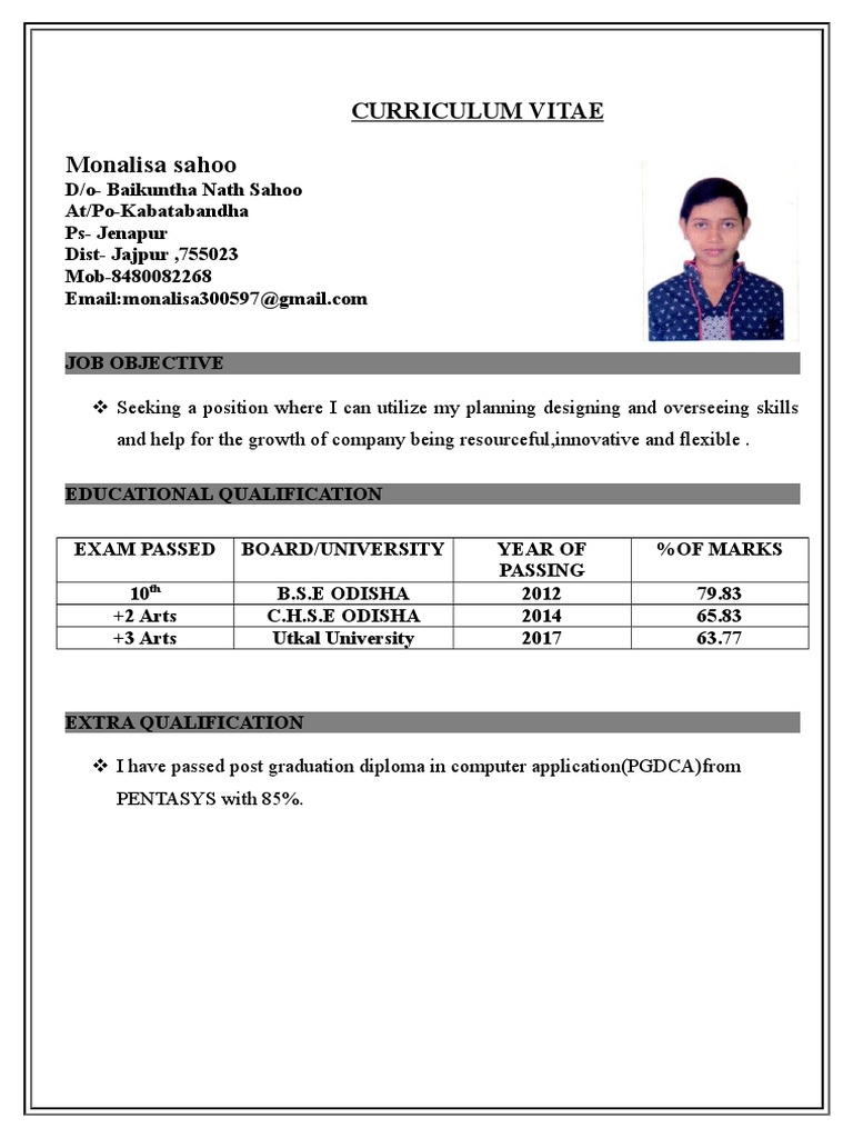 Monalisa Sahoo: Curriculum Vitae | PDF