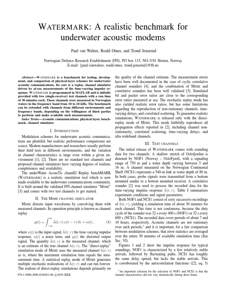 WATERMARK: Benchmark for Acoustic Modems | PDF | Signal To Noise Ratio ...