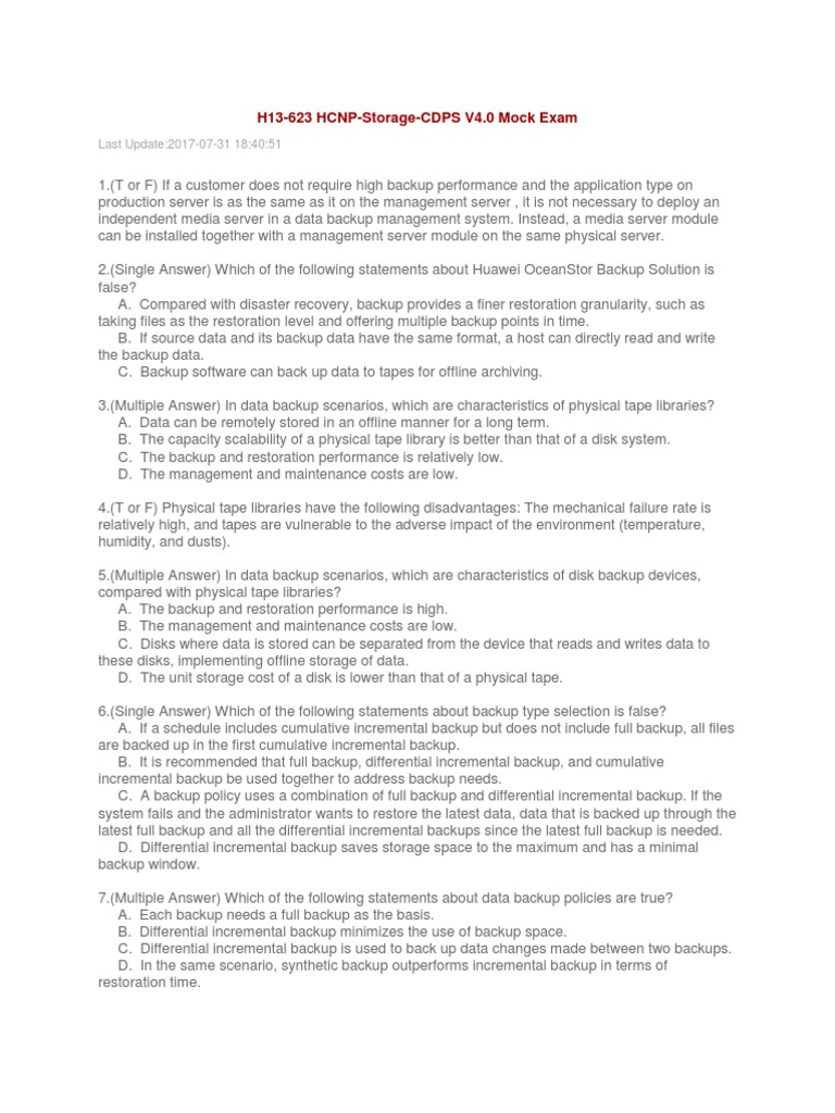 h13-623 Hcnp-Storage-Cdps v4.0 Mock Exam | PDF | Backup | Disaster Recovery